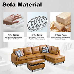Dormily Ginger Faux Leather L Shaped Sofa Set, Leather Sectional Couch Set with Storage Ottoman, Ginger Sectional Couch Set Furniture for Living Room, Office, Apartment