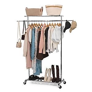 HOUSE AGAIN Clothes Rack on Wheels with Extra Top Storage Shelf, LARGE Rolling Garment Rack for Hanging Clothes, Heavy-duty Metal Clothing Rack Organizer for Bedroom, Living Room -Silver