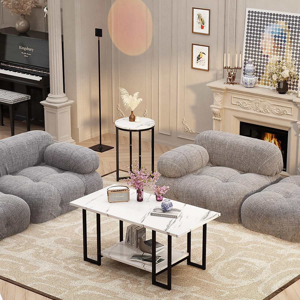 Lamerge 3 Pieces Living Room Table Set, Faux Marble Coffee Table with 2 Round End Side Tables, Coffee Table Set with Metal Frame for Apartment Home Office, White Black