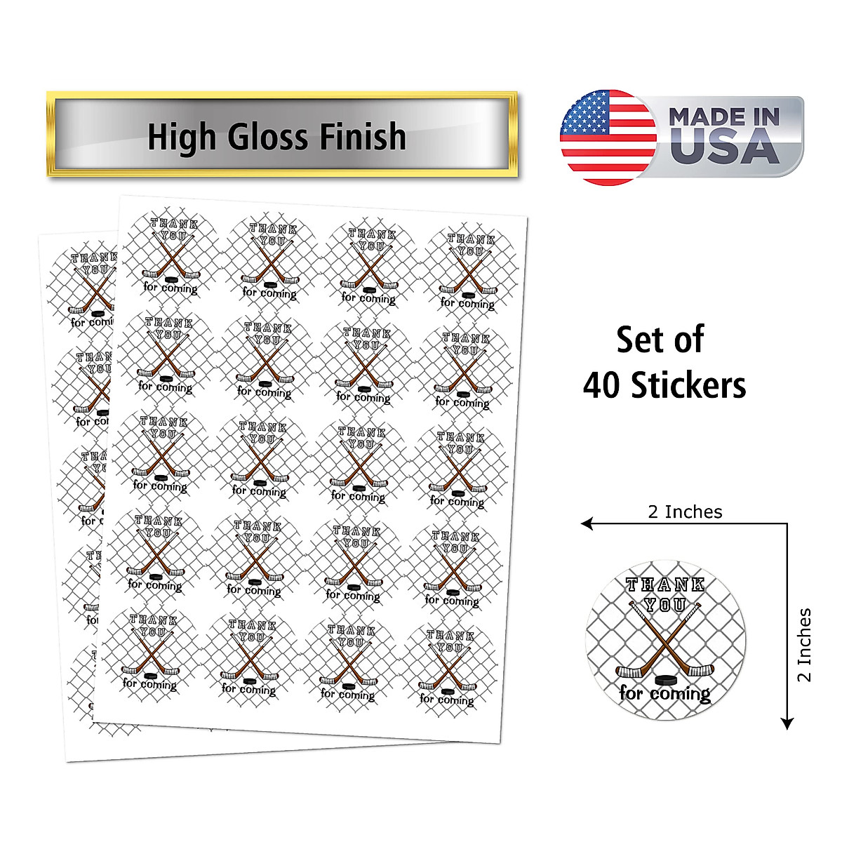 40 Thank You Hockey Labels, 2 Inch Big Round Glossy Stickers, Great Stickers for Birthday Party, Baby Shower, Wedding, Graduation, or Any Family Event Decorations, Made in USA