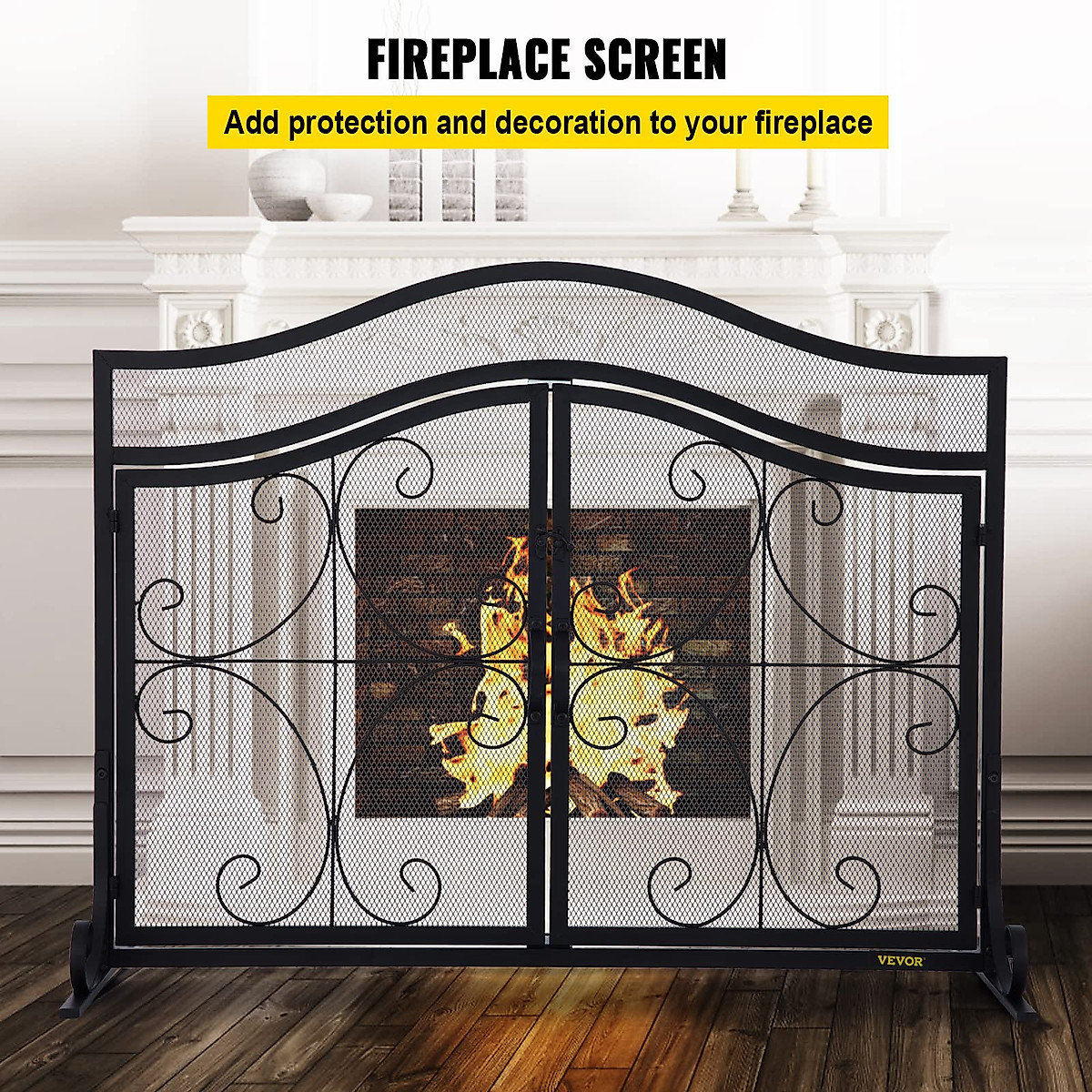 VEVOR Fireplace Screen, 39 x 26.6 Inch, Double Door Iron Freestanding Spark Guard with Support, Metal Mesh Craft, Broom Tong Shovel Poker Included for Fireplace Decoration & Protection, Black