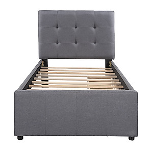 HZSSDTKJ Twin Size Linen Upholstered Platform Bed with Headboard and 2 Storage Drawers, Wooden Daybed Frame with Slat Support for Kids Teens Girls Boys Adults, No Box Spring Needed (Gray-04, Twin)