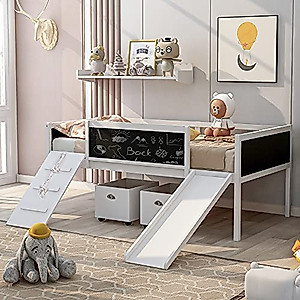 CITYLIGHT Low Loft Bed with Slide,Wood Twin Loft Bed for Kids,Loft Bed Twin with 2 Toy Boxes and Decorative Guardrail Chalkboard, Junior Loft Bed Frame for Girls Boys Toddler,White