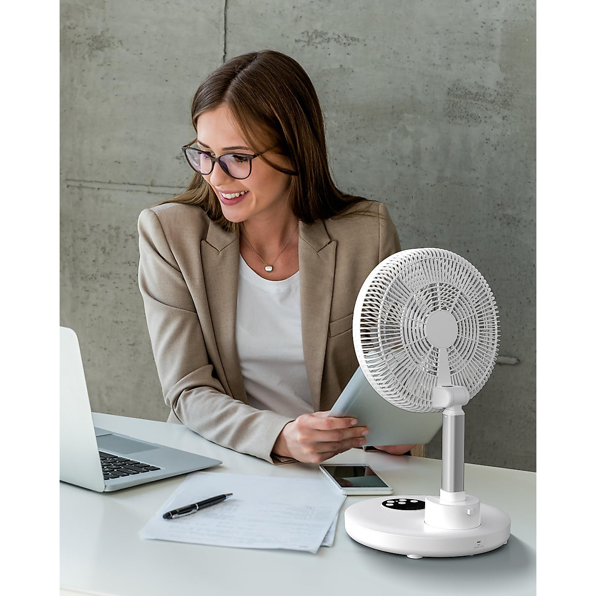 Eposy Standing Oscillating Fan 12" Foldable Portable Quiet Floor Fan,12000mAh with Remote, Timer, Height Adjustable,6 Speed Portable Fan,White