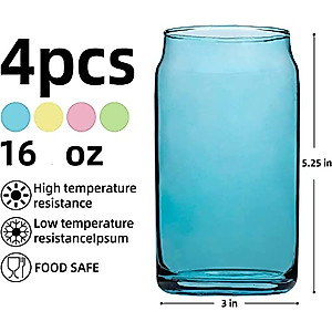 Amzcku Colored Drinking Glasses, 16 oz Can Glass, Cute Iced Coffee Cup Tumblers, Soda, Tea, Beer, Water, Cold Drink Glassware, Cocktail Glass, Set of 4