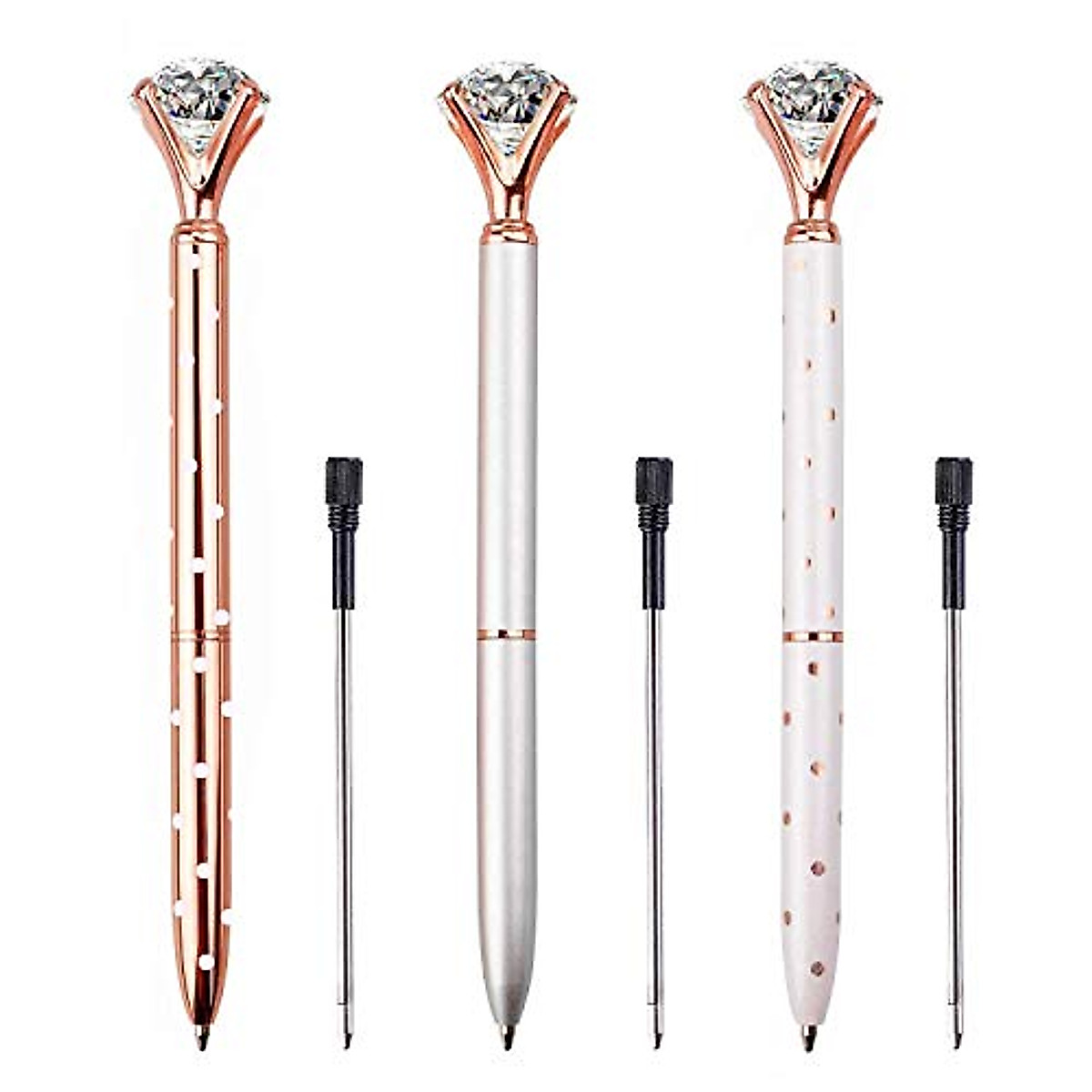 LONGKEY 3PCS Diamond Pens Big Crystal Diamond Ballpoint Pen Bling Metal Ballpoint Pen Offices and Schools, Silver/White With Rose Polka Dots/Rose Gold with White Polka Dots, Includes 3 Pen Refills.