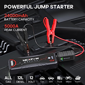 NEXPOW Car Jump Starter,Car Battery Jump Starter Pack 5000A Peak Q12 for All Gas and Up to10.0L Diesel Engine 12V Auto Battery Booster,Jumper Cables,Portable Lithium Jump Box with LED Light/USB QC3.0