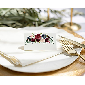 Indigo Floral Table Place Cards (25 Pack) Buffet Signs for Bridal Shower, Baby Shower, Wedding Seating, Any Event – Fold Over Favor Tag - Folded Tented Blank Card – Rustic Country Party Supplies