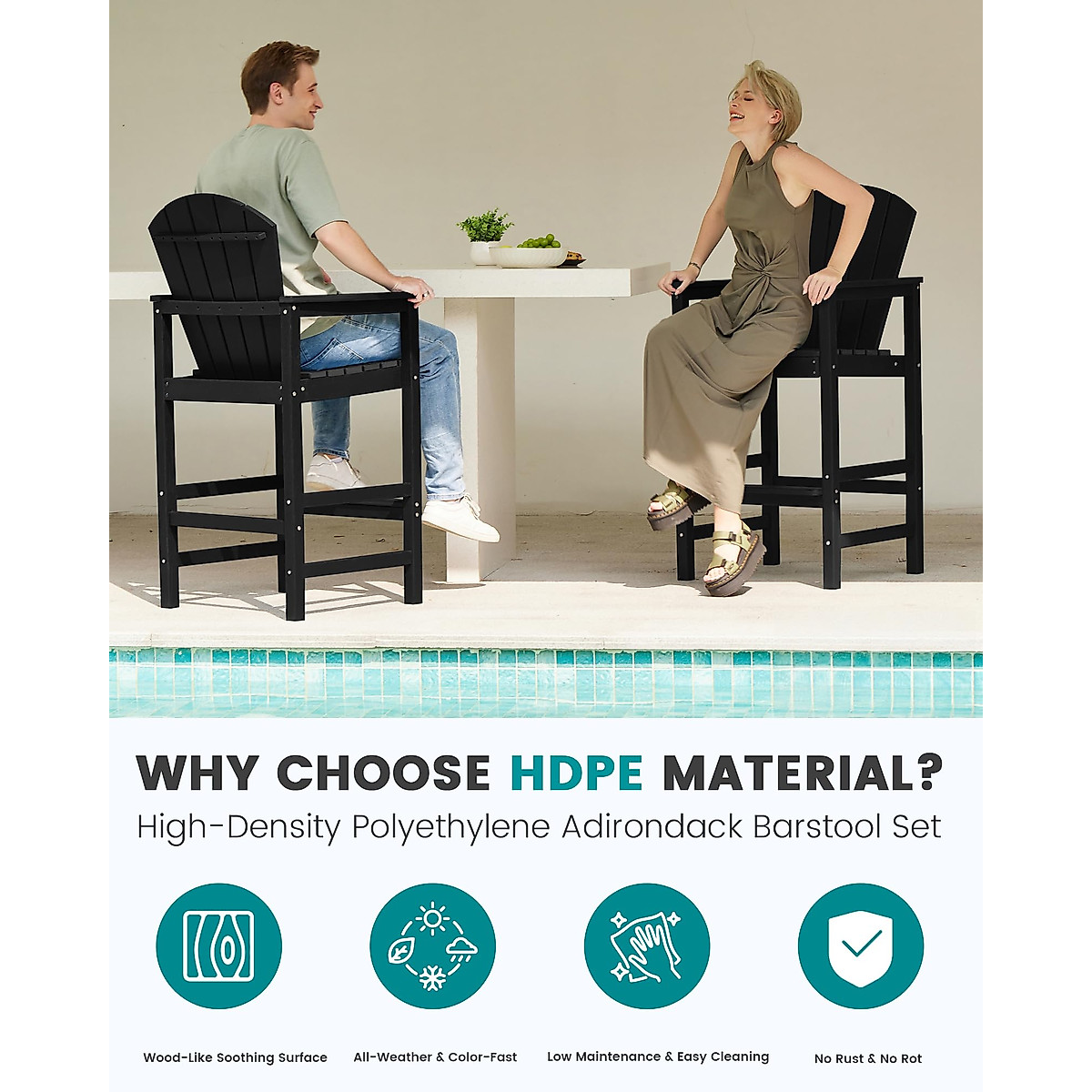 SERWALL Tall Adirondack Chairs Set of 2, HDPE Bar Height Outdoor Chairs, Wood-Like Adirondack Bar Stools for Patio, Balcony, Porch, Black