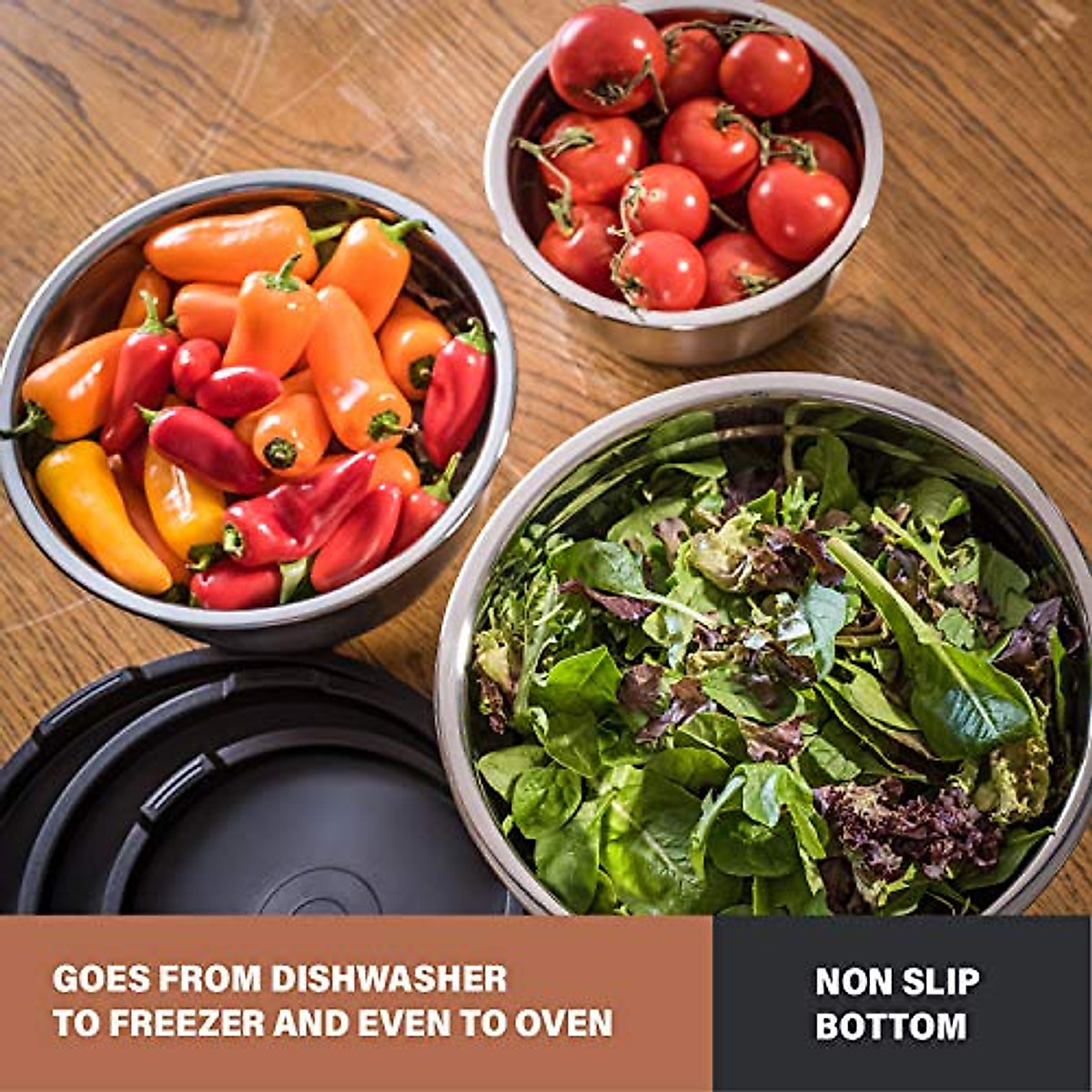 Bellemain Stainless Steel Non-Slip Mixing Bowls with Lids (3 Piece, Silver/Black)