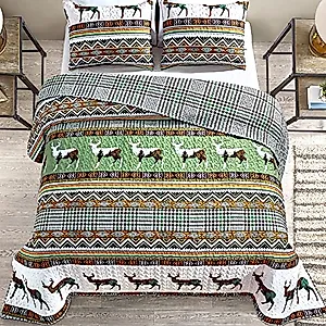 Mocaletto Boho Quilts Queen Size,Reversible Rustic Deer Lodge Cabin Quilt Set,Patchwork Green Bedding Set with Pillow Shams,Bohemian Stripes Bedspread,Lightweight Microfiber Coverlet