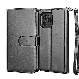 NJJEX Compatible with iPhone 12 Pro Max Case/iPhone 12 Pro Max Wallet Case 6.7" (2020), [9 Card Slots] PU Leather Card Holder Folio Flip [Detachable] Kickstand Lanyard Magnetic Phone Cover [Black]