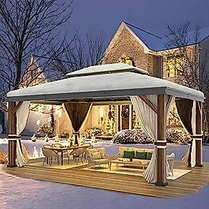 OLILAWN Gazebo 12x16, Hardtop Gazebo with Wood Finish Aluminum Frame, Galvanized Steel Double Top Gazebo with Ventilation, All-Weather Metal Gazebo with Netting and Curtains, for Patios Gardens Lawns