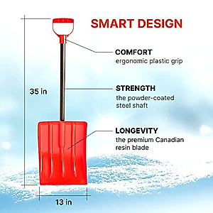 Kids' Snow Shovel – Steel Shaft with Ergonomic Handle – Snow Shovel for Kids Red – Works Great for The Car as an Emergency Shovel for Home Garage & Garden