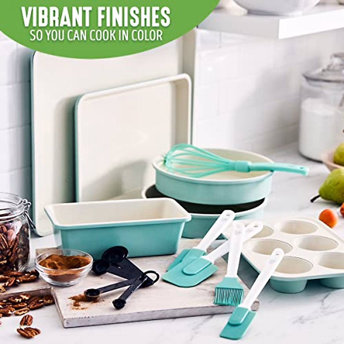 GreenLife Bakeware Healthy Ceramic Nonstick, 12 Piece Baking Set with Cookie Sheets Muffin Cake and Loaf Pans including utensils, PFAS-Free, Turquoise