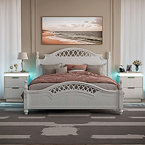 YESHOMY Nightstand with LED Lights, End Table with 2 Drawers and Waveform Panel, Night Stand with Handles, Set of 2, for Bedroom and Apartment, White