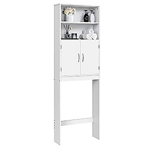Topeakmart Over The Toilet Storage with 2 Doors & Adjustable Shelf, Free Standing Toilet Rack, Home Space-Saving Furniture with 2 Upper Open Compartments, L25xW8xH77 Inches, White