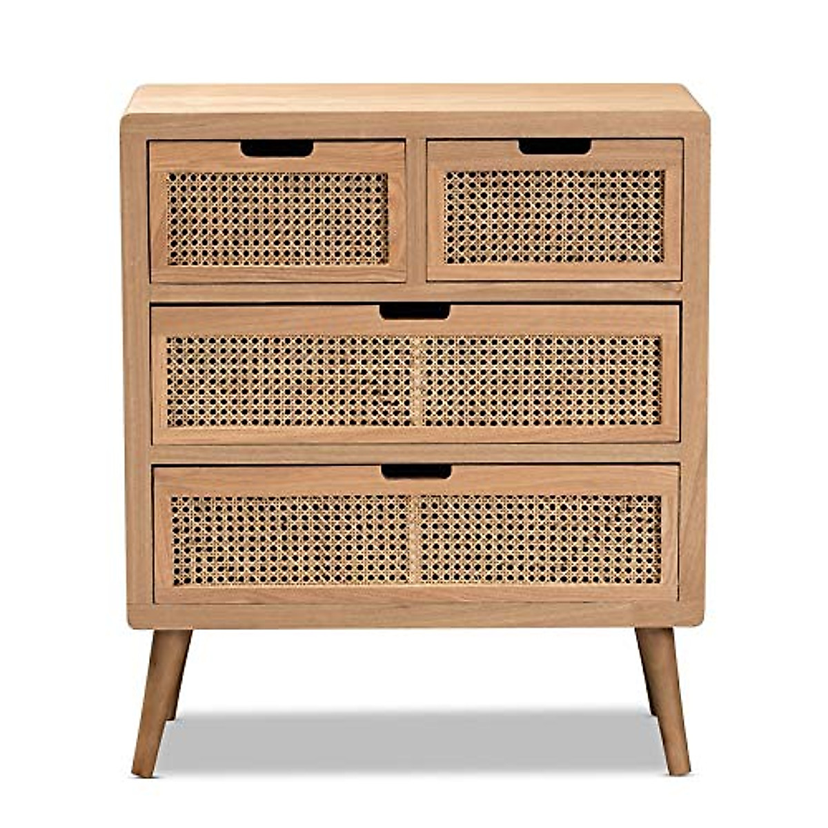 Baxton Studio Alina Medium Oak Finished Wood and Rattan 4-Drawer Accent Chest