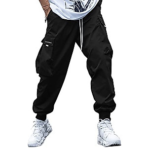 Romwe Men's Flap Pocket Drawstring Elastic Waist Letter Graphic Street Cargo Pants Black XL