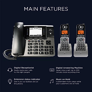 Motorola ML1002H DECT 6.0 Expandable 1 to 4 Lines Business Phone System with Voicemail, Digital Receptionist and Music on Hold, Black, 2 Handsets