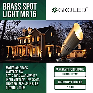 GKOLED UL Listed Solid Brass Landscape Spotlight, Low Voltage Outdoor Directional Uplight, with 5W MR16 LED Bulb & Large Rugged Slot Spike, 12V AC/DC Garden Patio Spot Up Light