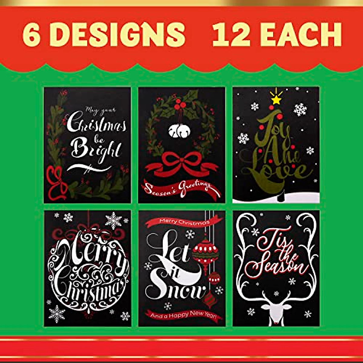 JOYIN 72 PCS Holiday Christmas Greeting Cards with 6 Artistic Greeting Designs With Envelopes for Winter Christmas Season, Merry Christmas Cards, Wintertime Gifts Cards. (Artistic Black Collection)