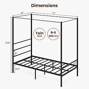 Giantex Twin Size Metal Canopy Bed Frame, Modern Platform Bed Frame with 4 Poster & Headboard, Mattress Foundation with Sturdy Metal Slat Support, No Box Spring Needed, Easy Assembly, Black