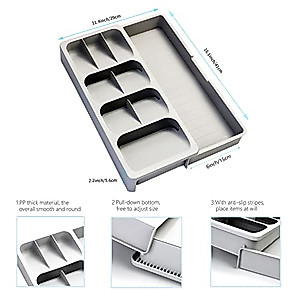 KAKUNM Flatware Drawer Organizer Expandable Adjustable Utensils Silverware Tray for Drawer, Spoon Knife and Fork Partition Storage,Large, Gray
