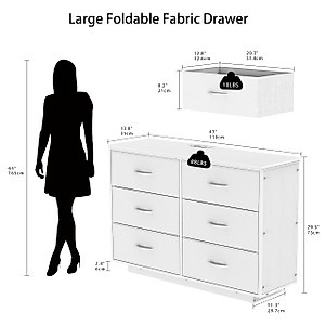 Tohomeor Dresser with Power Outlet & LED Lights, Modern Chest of Drawers for Closet, Fabric Drawers with PU Finish Small TV Console Table Dresser for Bedroom Living Room (White, 6 Drawers)