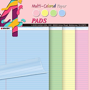 KAISA Colored Legal Pad Writing Pads , Wide Ruled 8.5"x11.75" , Thick 20lb Colored Paper 40 sheets/pad 8-1/2"x 11-3/4" Perforated Writed Pad, Sturdy Back, 4pads, KSU-5972