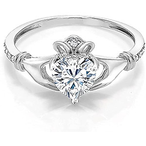 VINSON 14K White Gold Plated Silver Created Solitaire Irish Celtic Claddagh Ring Forever Brilliant Heart Shape 0.80cttw Moissanite (8.5)