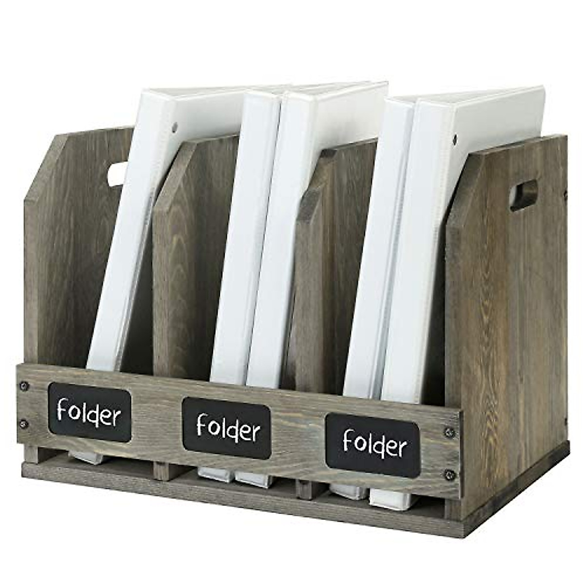 MyGift Vintage Gray Solid Wood Office Desktop Document Organizer, Desk File Folder and Binder Rack with 3-Compartments and Chalkboard Labels