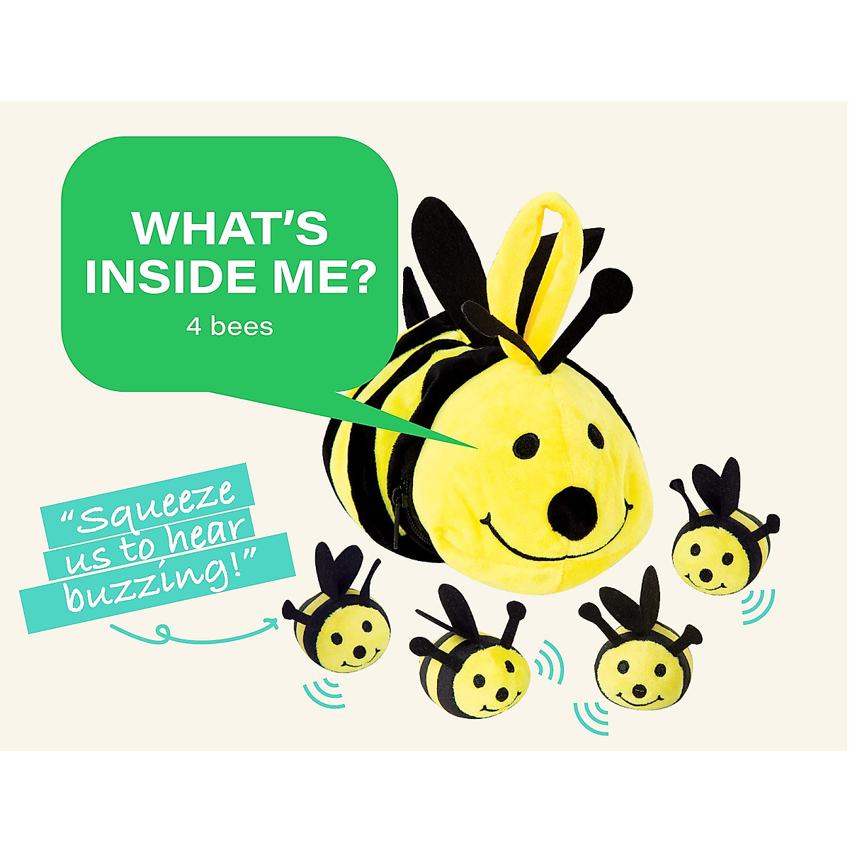 Etna Plush Buzzing Bees Toy - Cute Soft Mommy Bee Carrier Holds 4 Baby Bee Dolls, Squeeze Activated Sounds