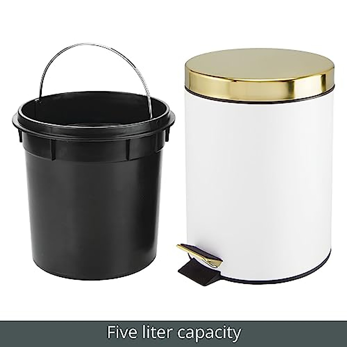 mDesign Pedal Bin — Metal Waste Bin with Pedal, Lid and Plastic Bucket Insert — Perfect for Bathroom, Kitchen, and Office — Household Rubbish Bin with Ergonomic Design — White/Gold