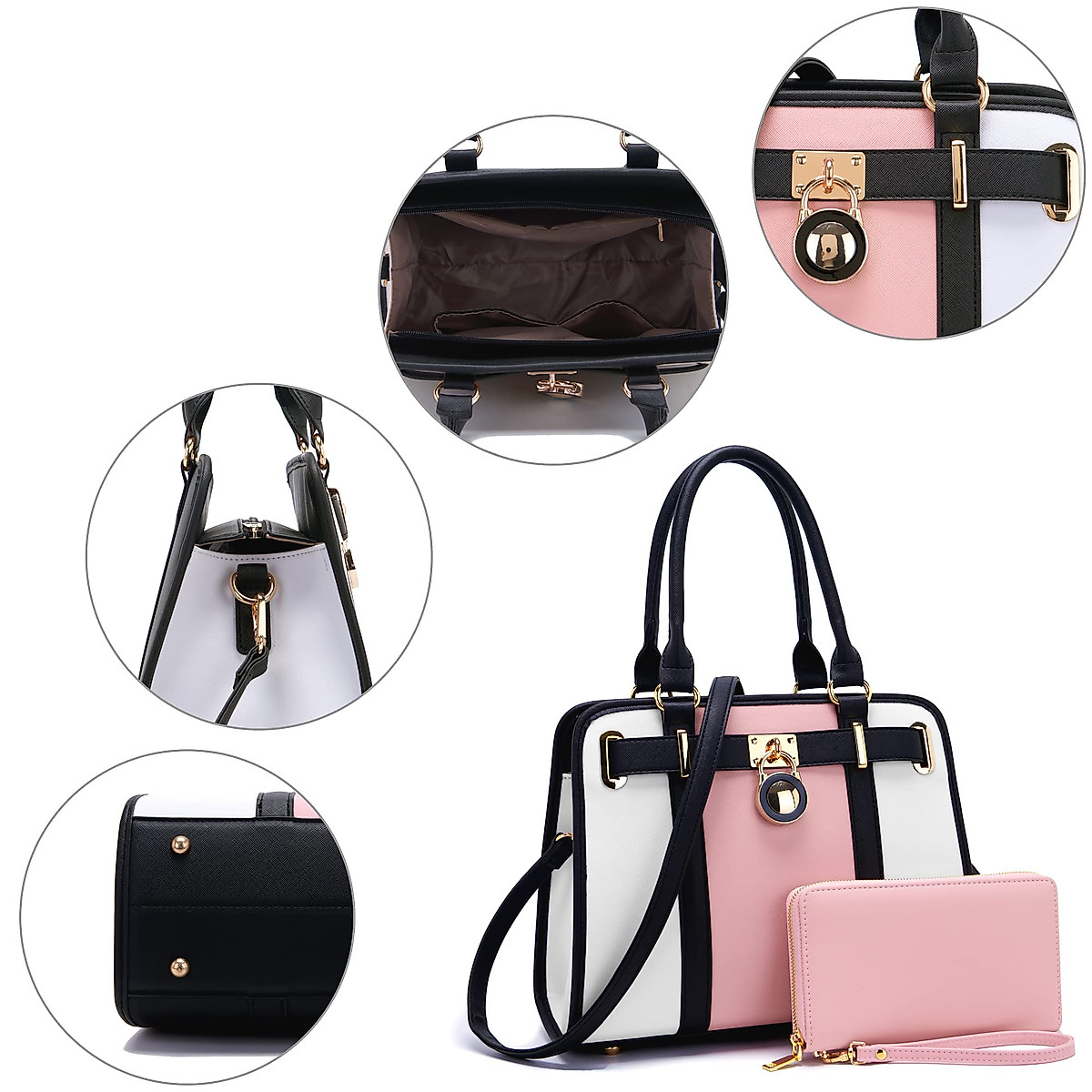 Handbags Sets For Women Shoulder Bags Top Handle Work Satchel Tote Purses Set With Matching Wallet 2pcs WhitePink