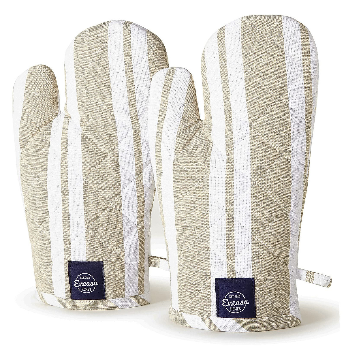 Encasa Homes Long 14 inch Oven Microwave Hand Gloves Mitts (2 pc Set) for Kitchen Cooking & Baking - Heat Resistant, Thick & Safe, Protection of Hands from Hot Utensils - Franca Beige Stripes