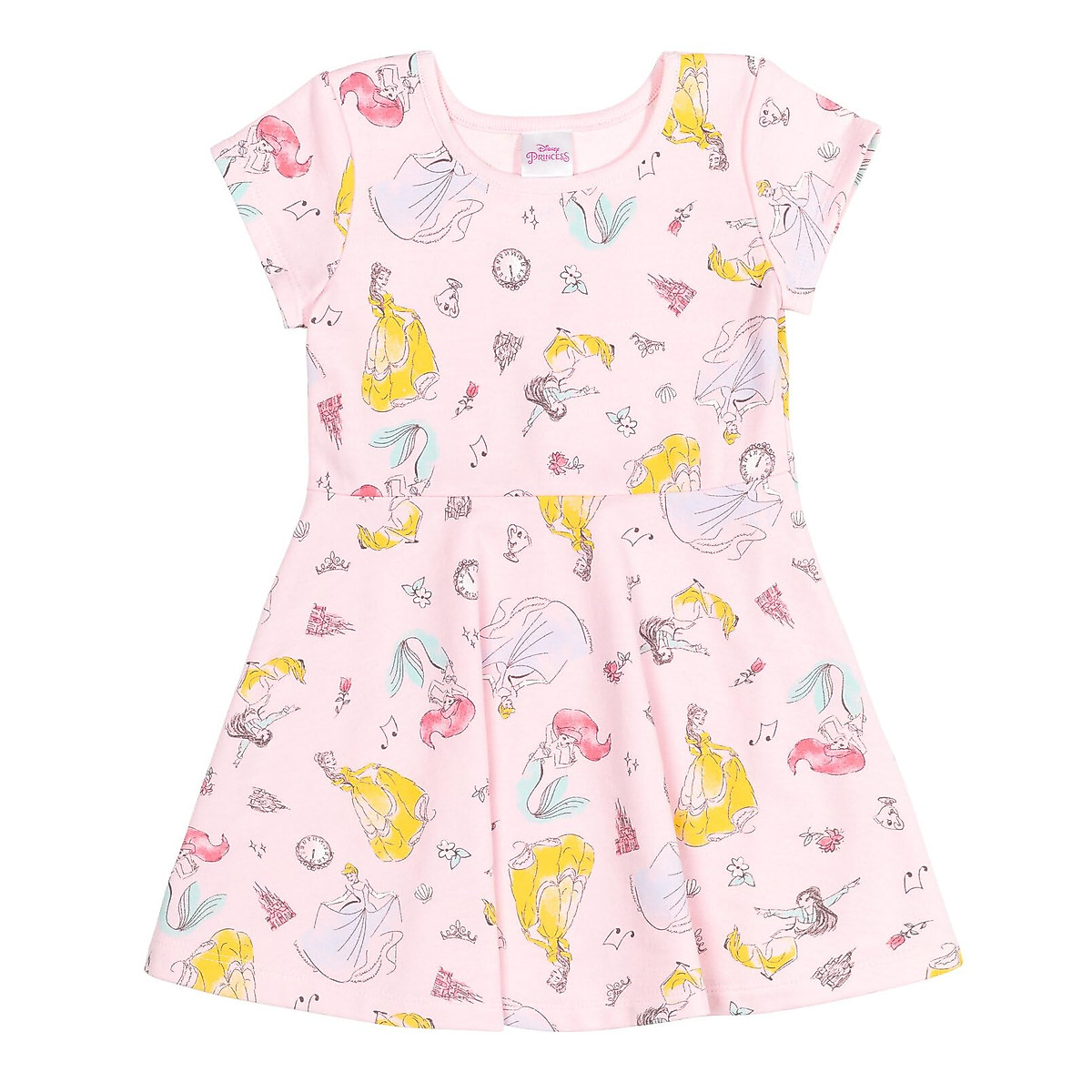 Disney Princess Belle Cinderella Ariel Toddler Girls French Terry Skater Dress Mulan Pink 5T