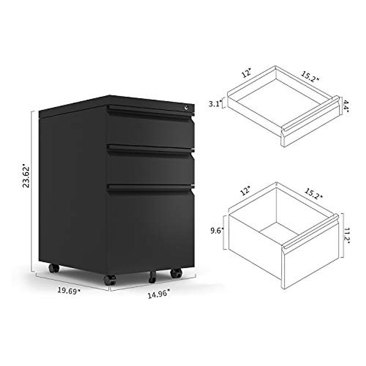 UINSOO 3 Drawer Mobile File Cabinet with Lock, Under Desk Metal Movable Filing Cabinet, Fully Assembled Except Casters, Lateral Storage Cabinet for Home Office(Black, 3 Drawer Mobile File Cabinet)