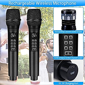 K28 Rechargeable Wireless Microphone Karaoke Cordless Microphone with Volume & Echo Control and Receiver, UHF Handheld Dynamic Microphone for Singing Karaoke Speech, Black