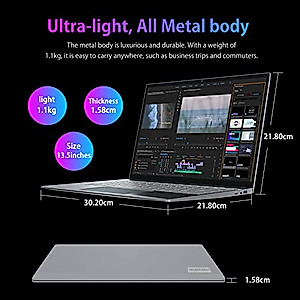 Windows 11 Laptop,13.5 Inch Celeron N4120 Quad core, 8GB RAM+256GB SSD, Thin & Light Notebook PC,3000x2000 3K IPS Panel, 5G+AC WiFi, All-Metal Body, Backlit Keyboard, Finger Print, Office, Gray