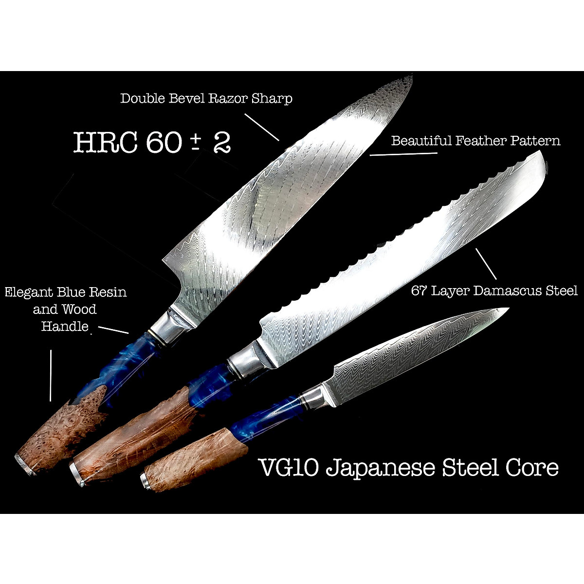 Damascus Kitchen Knife Set 3 piece, 67 Layer Handmade Damascus VG10 Steel Core Forged, 8" Chef Knife, 7,5" Serrated Knife, 5" Utility Knife, Resin Wood Handle, Gift Box Included