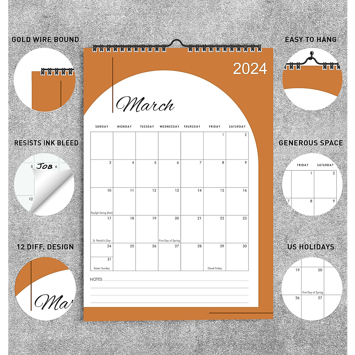 mudrit 2024 Wall Calendar, 12" X 17", 12 Monthly Calendar from Jan 2024 till Dec 2024, Spiral Bound for Office, Home, Family,Business, School Appointment Planning