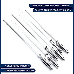 Professional Chef's Stainless Steel BBQ Skewers - Set of 6 | Reusable metal kebab skewers with a unique easy-slide design | From Jean Patrique