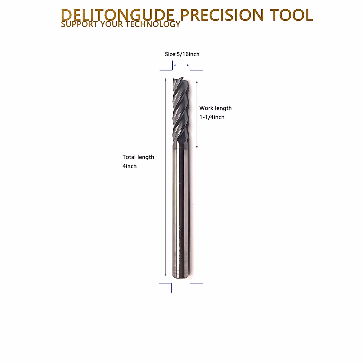 DelitonGude 5/16 x 4inch Extra Long Carbide Tungsten Square CNC End Mill,4 Fultes Suitable for Alloy Steels/Hardened Steels HRC55(Extra Long 5/16)
