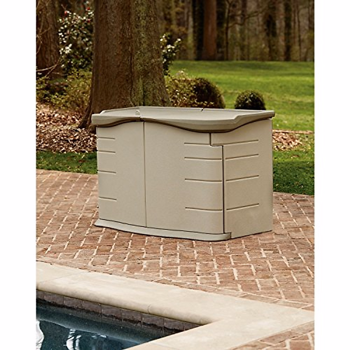 Rubbermaid Split-Lid Resin Weather Resistant Outdoor Storage Shed, Olive and Sandstone, for Garden/Backyard/Home/Pool