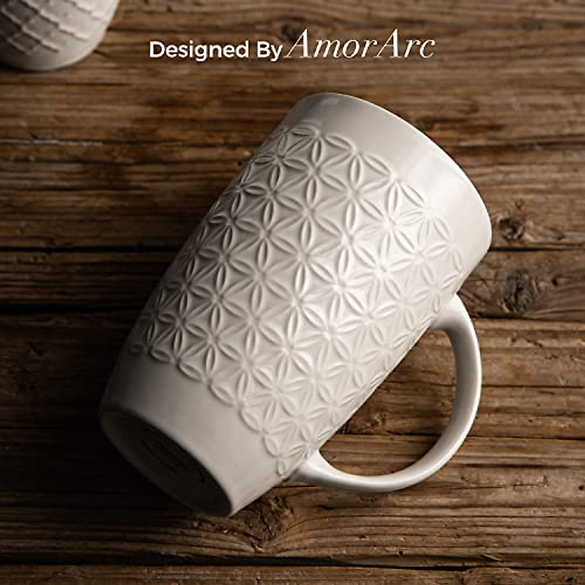 AmorArc Extra Large Coffee Mugs Set of 6, 22oz Ceramic Tall Coffee Mugs Set with Textured Geometric Patterns for Coffee/Tea/Beer/Hot Cocoa, Dishwasher & Microwave Safe,Beige
