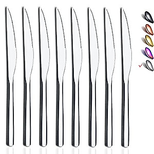 HOMQUEN Steak Knives, 8 Piece Premium Stainless Steel Steak Knife Set, Meat Knife Sets, German Steak Knives Serrated, Tomato Knife, For Home, Kitchen or Restaurant, Dishwasher Safe (Silver-9.2 Inch)