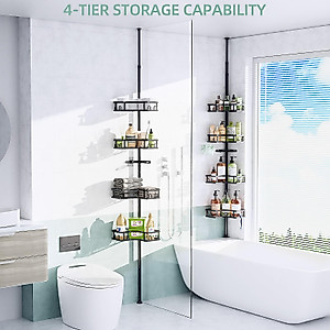 HEVEL Corner Shower Caddy Tension Pole, 4 Tier Adjustable Shower Organizer Corner 62-115 Inch, Rustproof Bathroom Corner Shower Shelves for Bathtub Storage