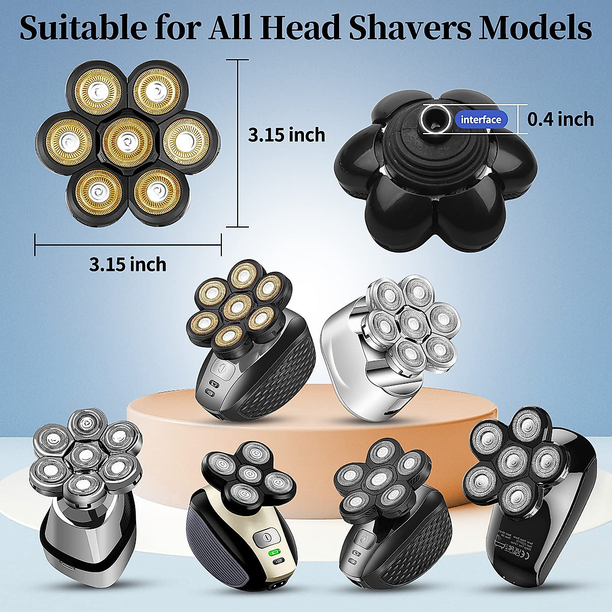 Roziapro Upgrade 7D Freedom Head Shaver Replacement Blades Electric Shaver Replacement Head Shavers for Bald Men Replaceable Head Waterproof Blades for Men 5 in 1 Bald Head Replacement Blades (Gold)