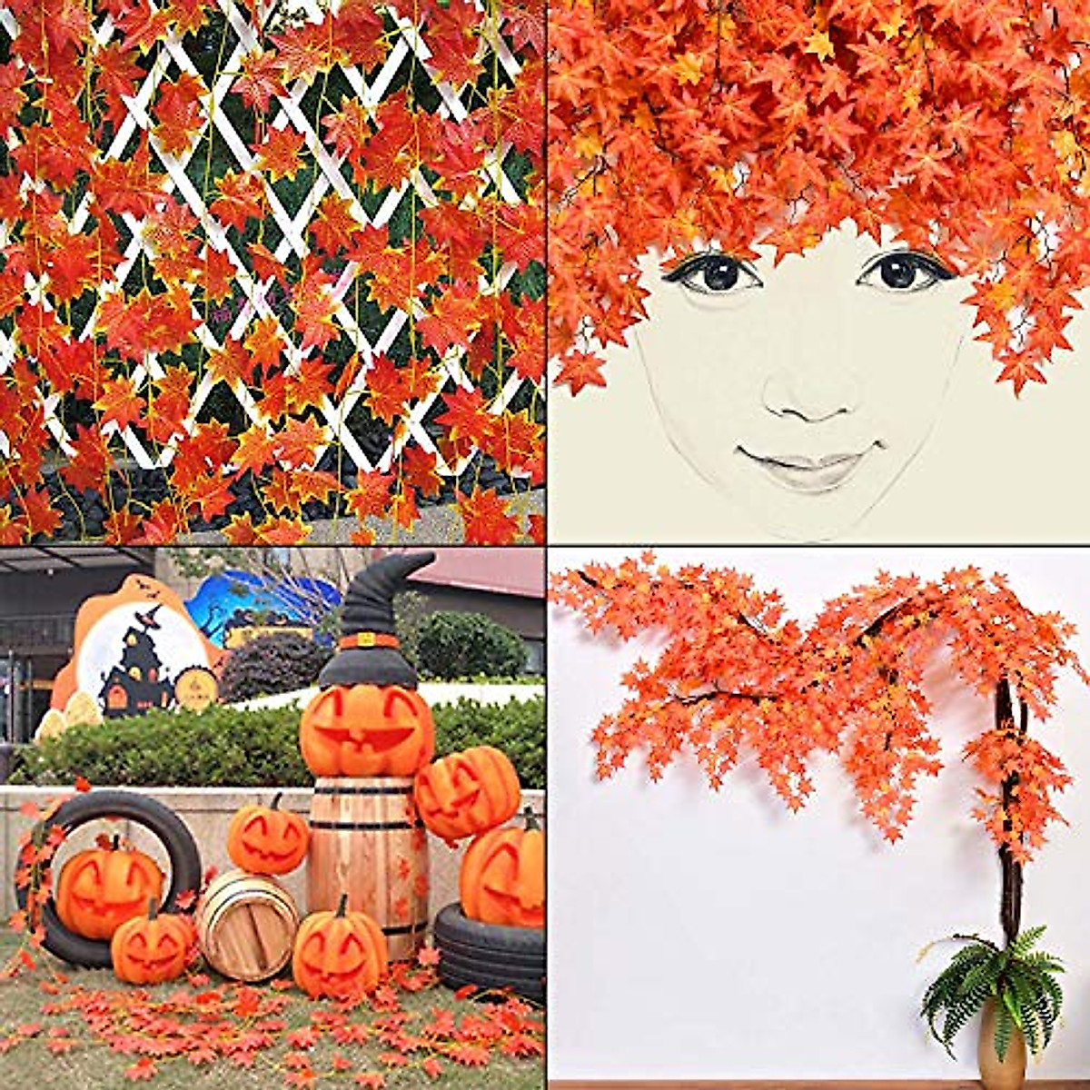 Noverlife 12 Pack 90Ft Artificial Maple Leaf Vine, Fake Foliage Autumn Leaves Garland Hanging Plant for Home Garden Hotel Wedding Party, Fall Leaves Vines for Thanksgiving Holloween Festivals Decor